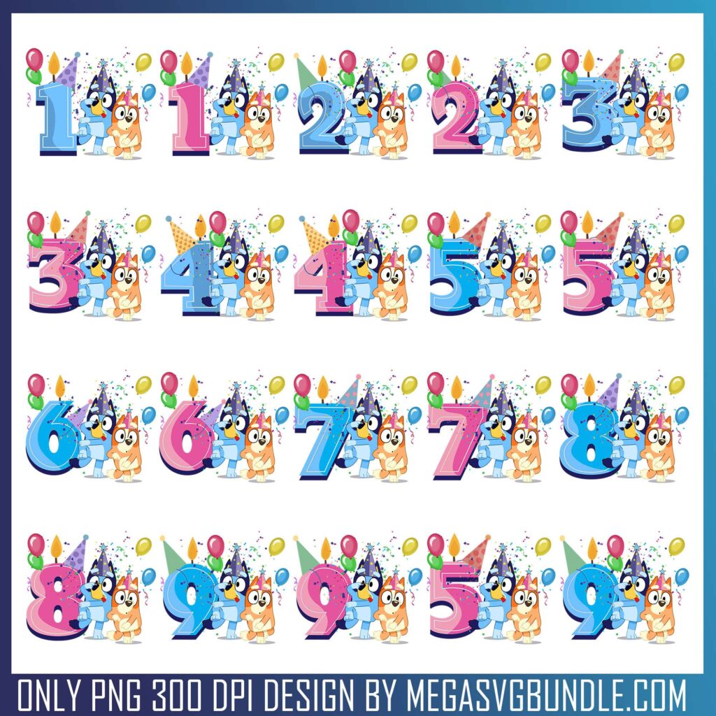 Bluey birthday numbers png bundle, bluey png, birthday cards png - Mega ...